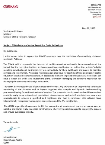 GSMA writes letter to IT minister, urges govt to lift suspension of ...
