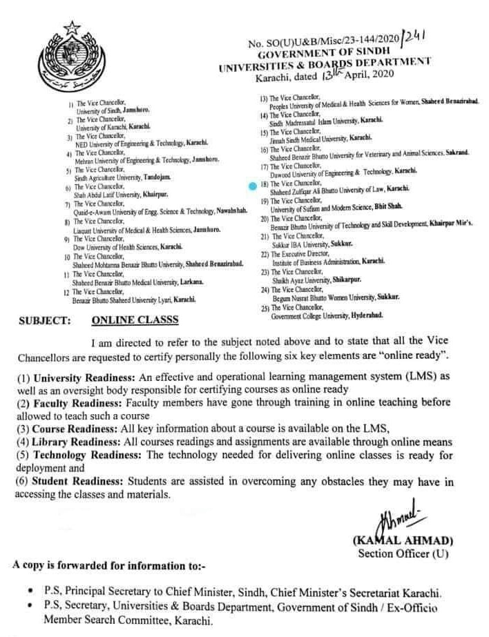 Sindh govt issues notification to universities to prepare for online ...